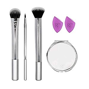 Real Techniques Poppin' Perfection Makeup Brush Set with Makeup Blender Beauty Sponges and Compact Makeup Mirror, Set of 6