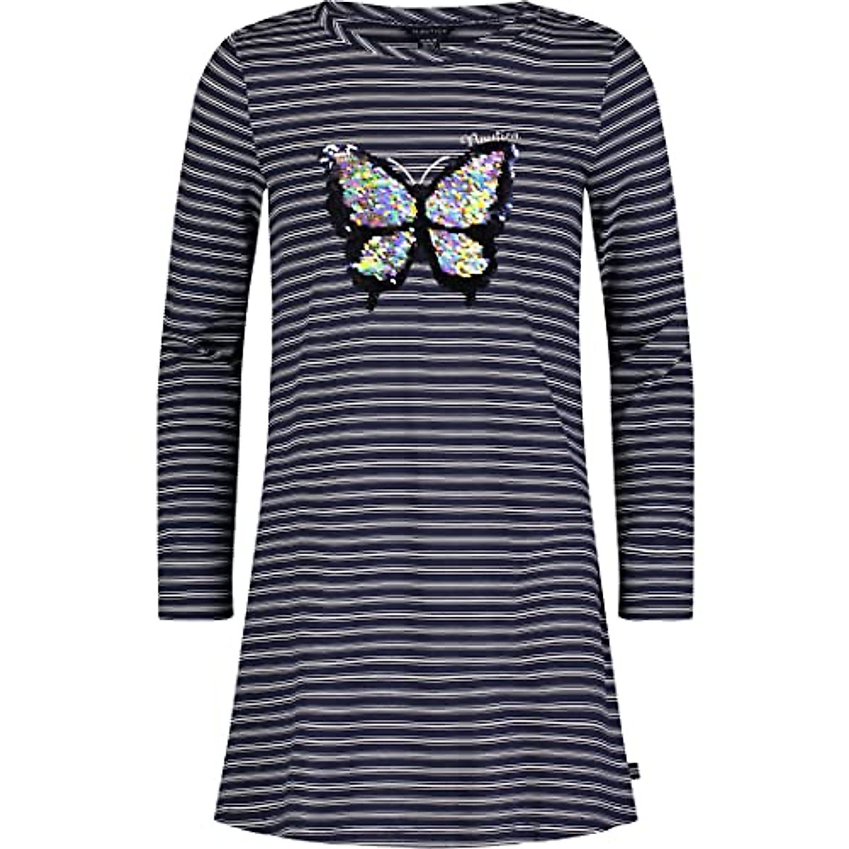 Nautica Girls' Long Sleeve Logo Design Knit T-Shirt Dress, Peacoat Butterfly, 7