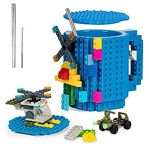 Fubarbar Brick Coffee Mug – Cool Novelty Cup with Lid, Straw & Building Blocks, Funny Xmas/Birthday Gift for Men, Women, Kids(Blue)