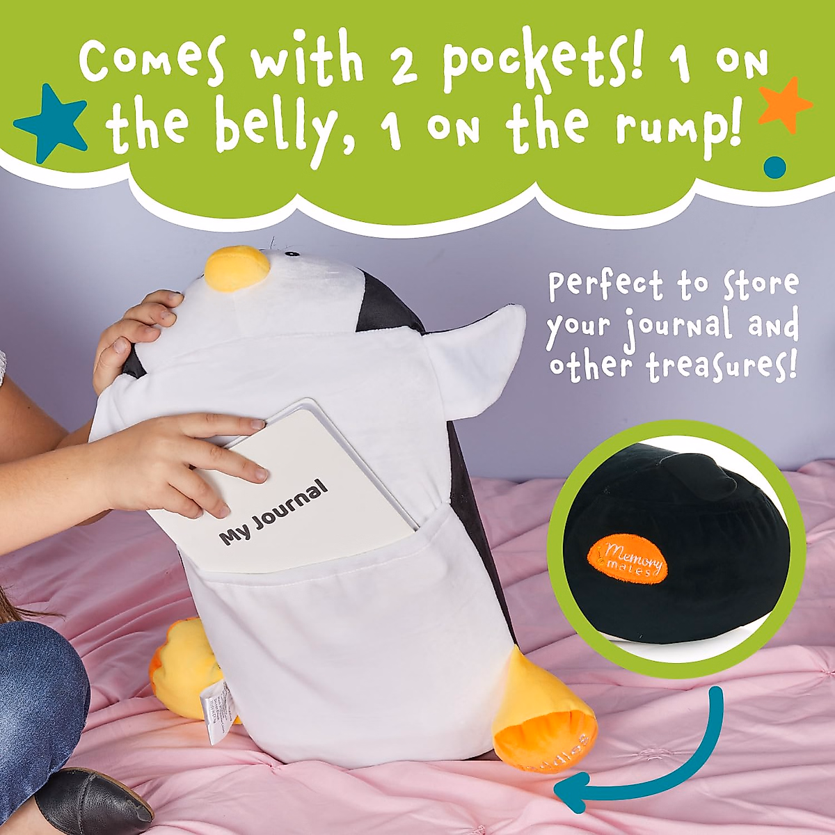 MEMORY MATES Cuddly Memory Foam Pillow Plush with Belly Pocket, Kids Pillow for Hugging Sleeping & Storing Diary, 15” Stuffed Animal & Journal Set - Waddles The Penguin