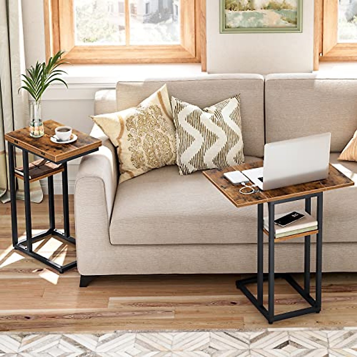 HOOBRO Foldable End Table, C Shaped Side Table with Storage Shelf, Small Snack Table Suitable for Living Room Bedroom Small Spaces, Easy Assembly, Rustic Brown BF29SF01