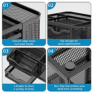 Marbrasse Mesh Desk Organizer, Pen Organizer with 2 Drawer, Multi-Functional Pencil Holder for Desk, Desk Organizers and Accessories with 5 Compartments + Drawer for Office Art Supplies (Black)