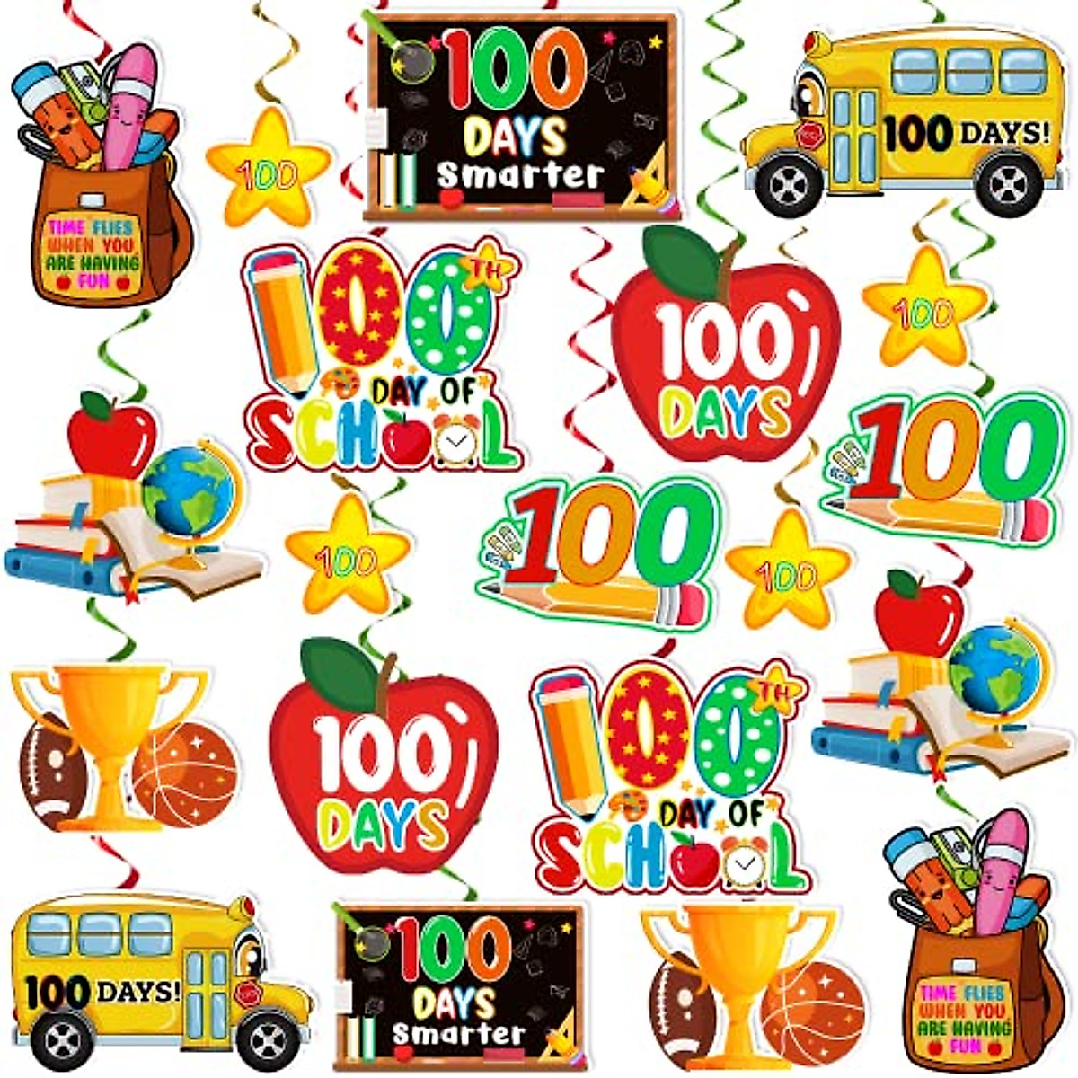 36 Pcs 100th Day of School Decorations Hanging Swirls, No-diy 100 Days of School Decorations Streams, 100 Items for 100th Day of School Foil Hanging for Kindergarten Pre-school Primary High School