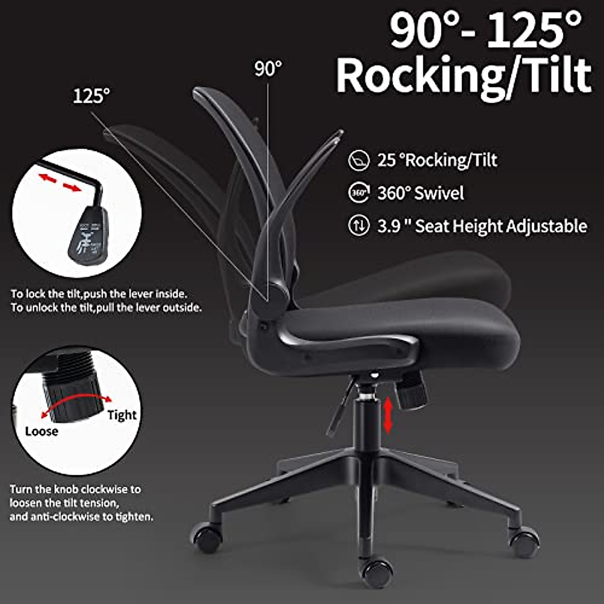 Darkecho Office Chair Ergonomic Desk Chair Mesh Computer Chair Modern Swivel Task Chair Comfy Executive Office Chair with Lumbar Support,Flip-up Armrests,Tilt Function and Foldable Backrest Black