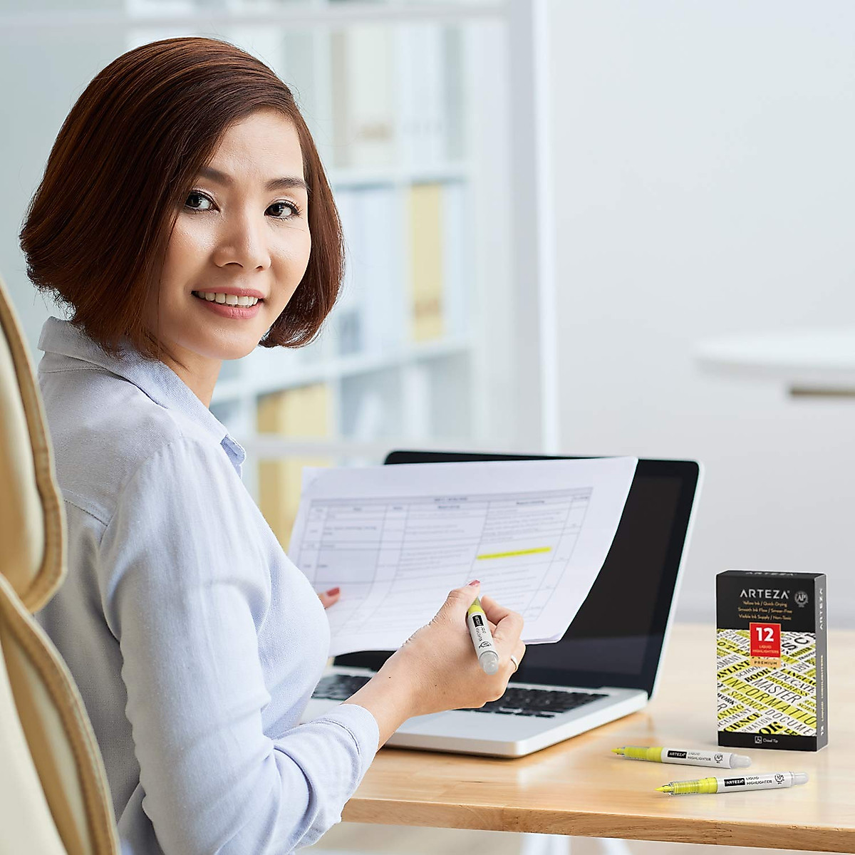 ARTEZA Liquid Highlighter Pens, Set of 12, Narrow Chisel Tip, Bulk Pack of Yellow Highlighters, Office Supplies for Bullet Journal, Notes, or Books