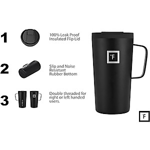 IRON °FLASK Grip Novelty Coffee Mug - Leak Proof, Vacuum Insulated Stainless Steel Bottle, Double Walled, Thermo Travel, Hot Cold, Water Metal Canteen - Midnight Black, 24 Oz - Rubber Bottom