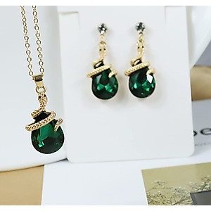 14K Gold Plated Drop Crystal Zircon Green Snake Pendant Necklace and Earring Jewelry Set