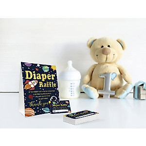 Nopoben Diaper Raffle Baby Shower Game, 1 Standing Sign and 50 Tickets, Outer Space Theme Gender Neutral for Boys or Girls, Bring A Pack of Diapers for Mom-to-Be, (035)