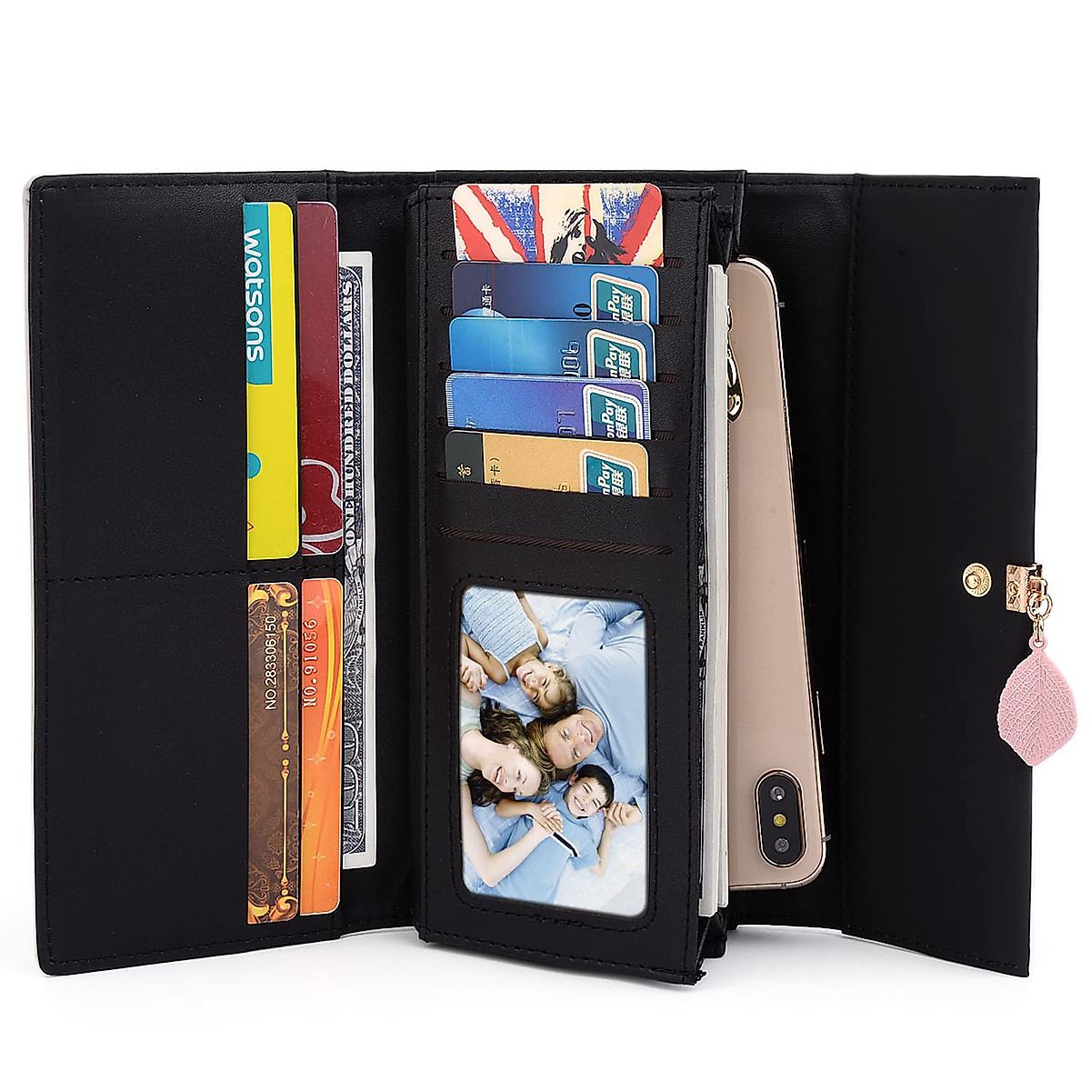 UTO Wallet for Women Leather Vegan Girls Wallet Leaf Pendant Card Holder Phone Checkbook Organizer Zipper Coin Purse