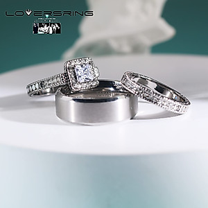 LOVERSRING Couple Ring Bridal Set His Hers Women 10k White Gold Filled AAA Cz Men Stainless Steel Wedding Ring Band Set