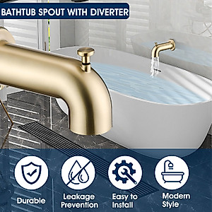 Sperwoesy Slip-On Tub Spout with Diverter Long for Bathtub Spout, Fit for 1/2 Inch Slip Pipe, Brushed Gold
