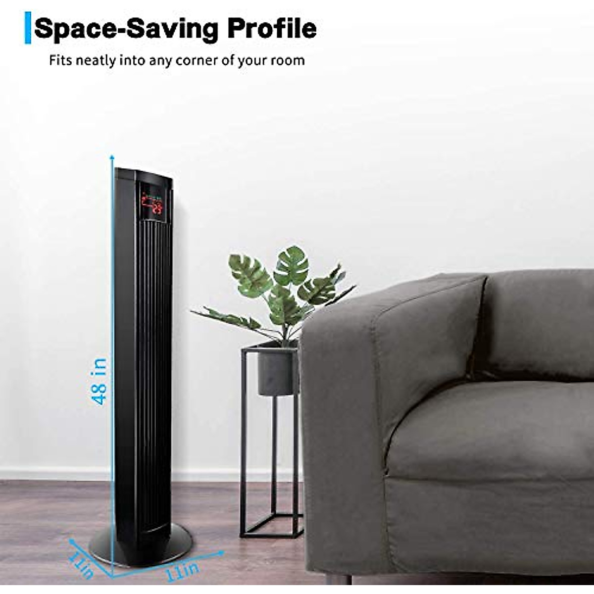 Simple Deluxe 48’’ Electric Oscillating Tower Fan with Remote Control and Large LED Display, Great for Indoor, Bedroom and Home Office, Black (48 inch)