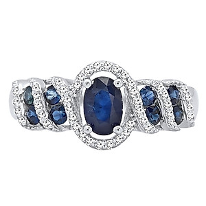 Dazzlingrock Collection Sterling Silver 6X4 MM Oval & Round Cut Blue Sapphire & Round Diamond Engagement Ring, Size 9