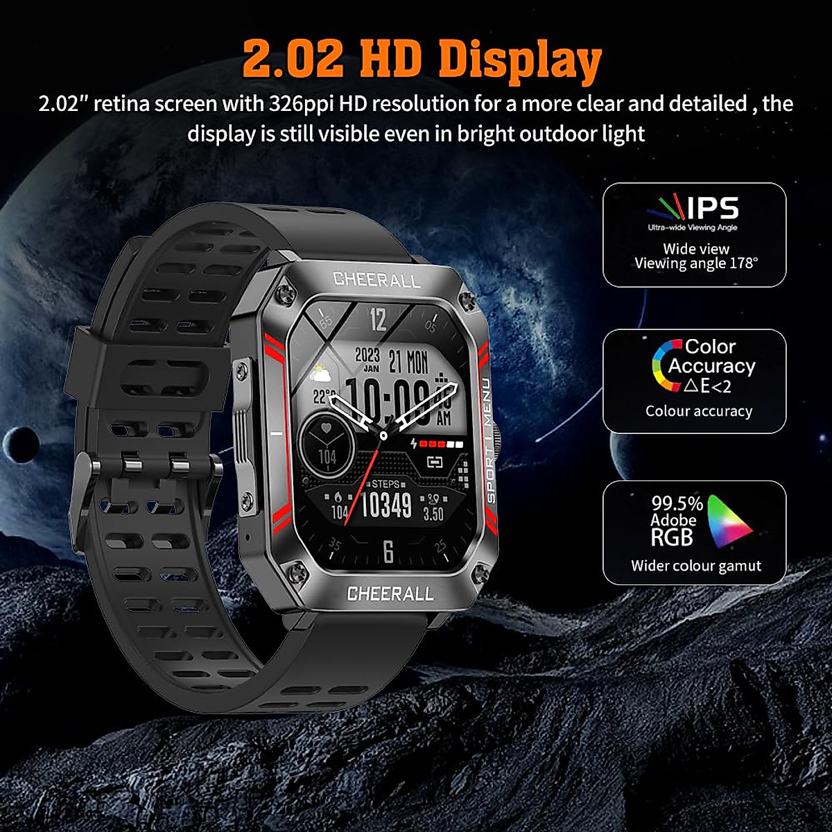 Cheerall 2.02” HD Touch Screen Military Smart Watch for Answer Make Calls, Tactical Fitness Tracker with Games 120+ Workout Modes Heart Rate SpO2 Sleep Monitor for Android iOS (Orange)