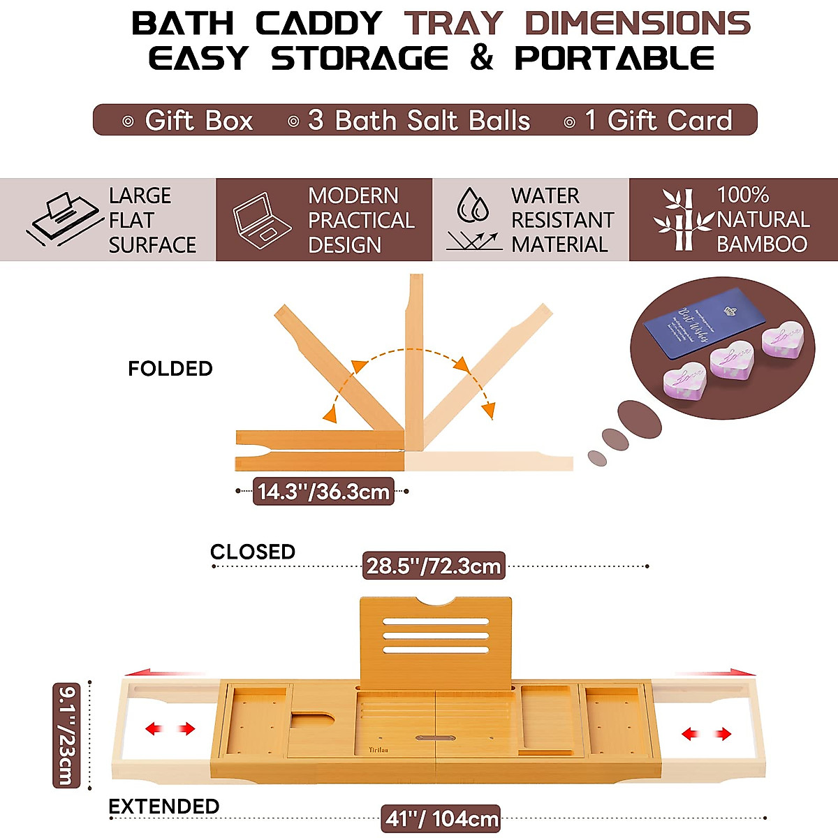 Yirilan Lux Expandable Bathtub Tray Caddy with 3 Bath Bombs-Self Care and Relaxation Birthday Gifts for Women and Men, Housewarming Gift Idea, for Mom Sister Daughter Wife