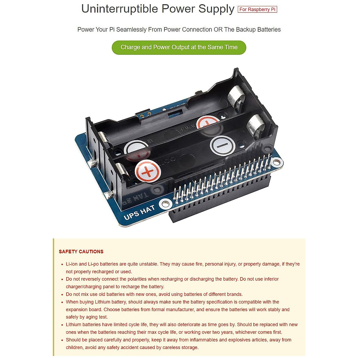 Waveshare UPS HAT for Raspberry Pi, 5V Uninterruptible Power Supply Charge and Power Output at The Same Time