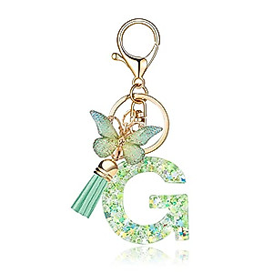 OKAICEN Fashion Alphabet Initial Letter Keychain Green Tassel Butterfly Pendant Key Ring for Purse Handbags Women Girl('G')