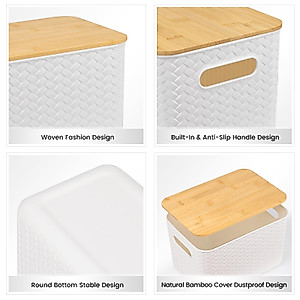 4 Packs Storage Bins with Bamboo Lids - Plastic Storage Containers with Lids Stackable Storage Box: Storage Baskets for Organizing Desktop Closet Playroom Classroom Office, White