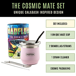 MADFLOW Yerba Mate Cup. Stainless Steel Mate Cup with 2 Bombillas.One Tree Planted in The USA for Every Unit Sold. Double Wall Vacuum Insulated Yerba Mate Gourd. Unique Mate Cup and Bombilla Set