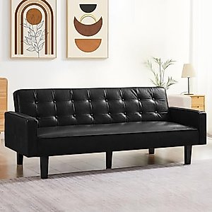 Homies Life Faux Leather Futon Couch, Mid Century Modern Futon Sofa with Memory Foam, Convertible Futon Sofa Bed for Small Spaces, Living Room, Office, Black