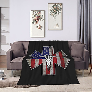 Rqwaaed EMS Star of Life EMT Paramedic Medic American Flag Throw Blankets Cozy Warm Lightweight Flannel Blanket for Sofa Bed Men and Women