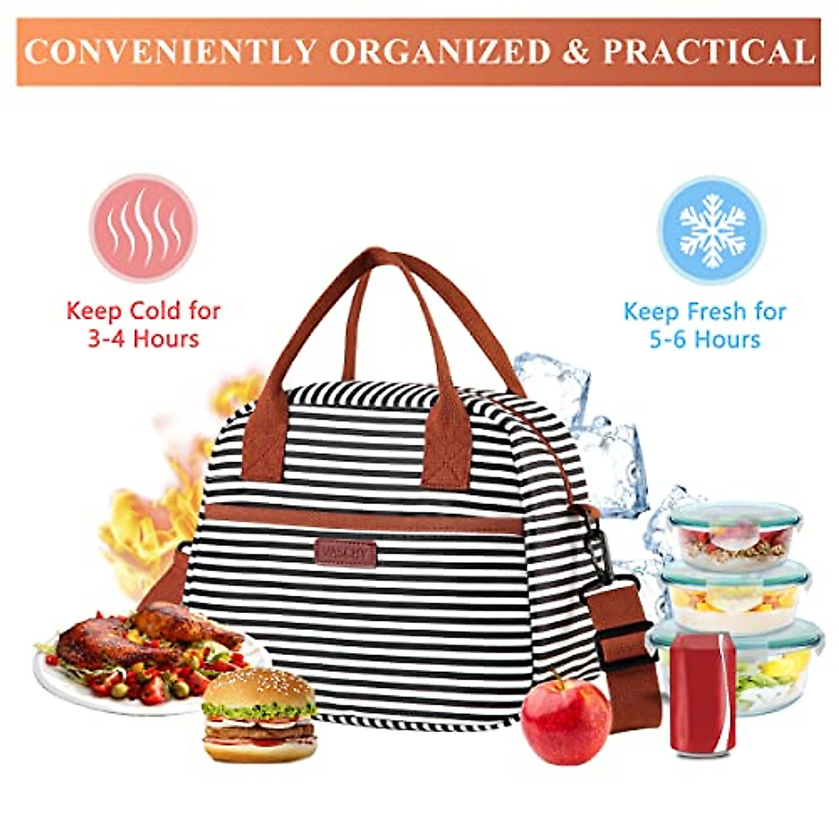 VASCHY Lunch Bags for Women, Cute Insulated Lunch Box Tote Reusable Cooler Bag with Removable Shoulder Strap for Work Classic Strip