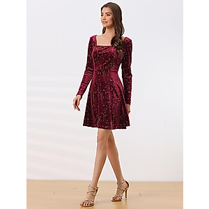 Allegra K Women's Christmas Stars Square Neck Vintage Velvet Mini Dress Medium Red