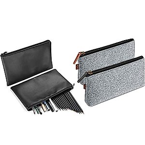 ProCase [2 Pack Black Soft PU Leather Pencil Bag Pen Case Bundle with [2 Pack] Grey Large Pencil Bag Pen Case