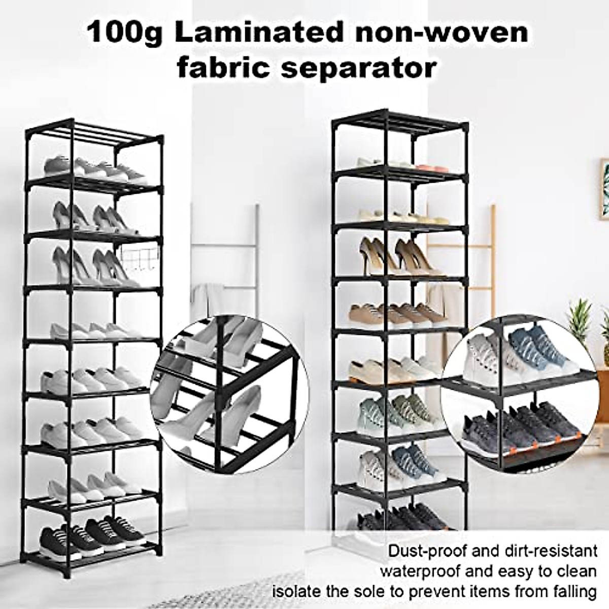 MBOSS 9 Tiers Tall Narrow Shoe Rack for Entryway, 18-20 Pair Shoes Vertical Shoe Rack and Space-Saving Stackable,Shoe Rack Storage Organizer with Hooks for Living Closet, Garage, Bedroom,Cloakroom