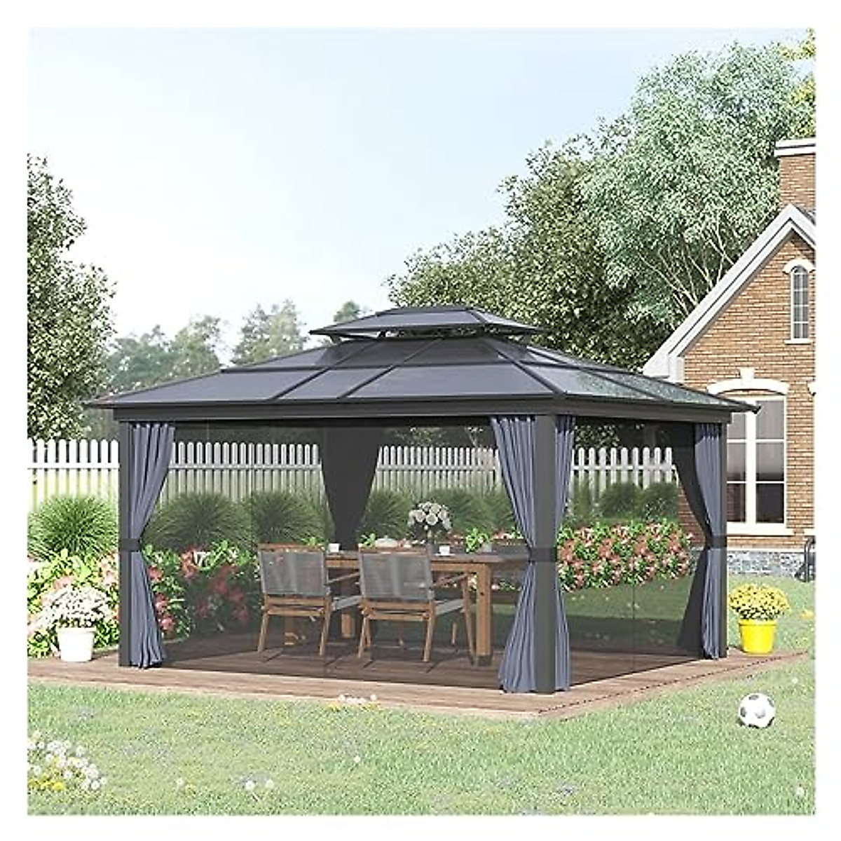 10x12 Hardtop Gazebo, Polycarbonate Gazebo Canopy with Curtains, Aluminum Frame Outdoor Canopy for Patios, Decks, Gardens, Lawns and Pools