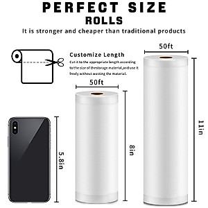 NexLevVac Vacuum Sealer Bags Rolls for Food 2 Pack 11"x50'(1Rolls)+8"x50'(1Rolls),Seal a Meal Bags,Food Saver Bags for Vacuum Sealer,Sous Vide,Meal Prep,Commercial Customized Size Vacuum Seal Bags