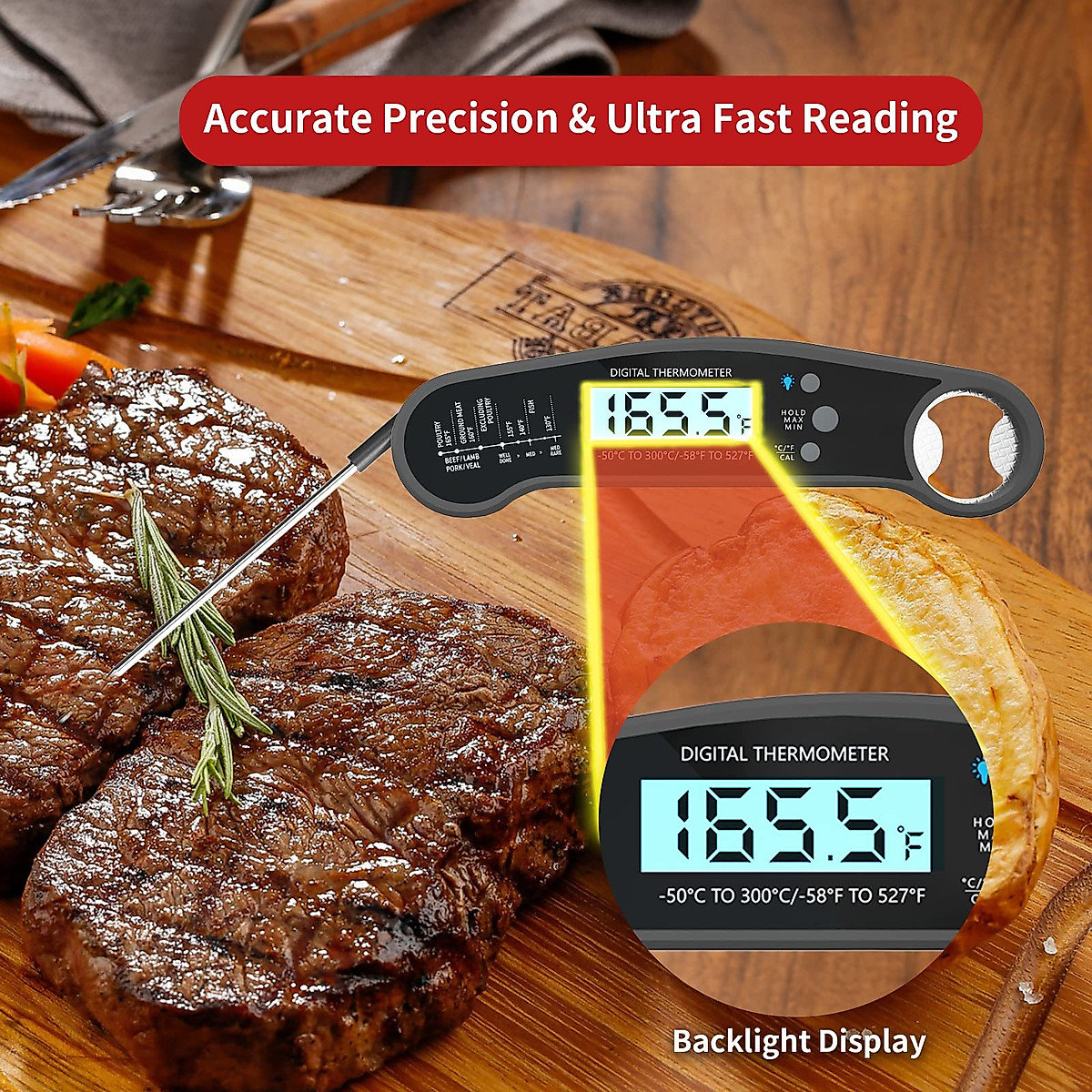 LPONJAR Digital Meat Thermometer, Instant Read Food Thermometer for Grilling, BBQ, Cooking, Baking, Liquids - Foldable Probe, Bottle Opener, IP67 Waterproof, Backlight, Magnet, and Calibration