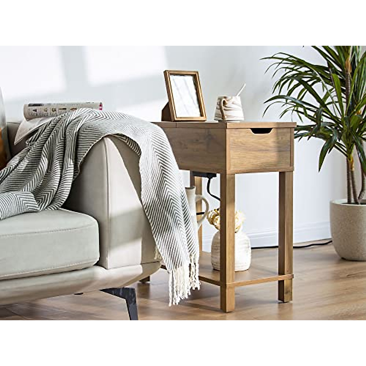 Labcosi 2-Pack Modern Farmhouse Side Table, Narrow End Table with Charging Station, Flip Top End Table with Storage Shelf, Rustic Oak Color