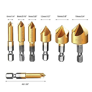 Baban Countersink Drill Bit,Countersink Drill Bit Set 6 Pcs 1/4'' Hex Shank HSS 5 Flute Countersink 90 Degree Center Punch Tool Sets for Wood Quick Change Bit 6mm-19mm
