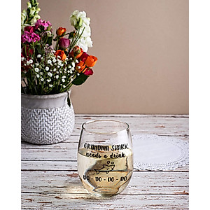 Grandma & Grandpa Shark Needs a Drink Do Do Do Do Funny Novelty Stemless Wine Glass with Sayings - Gifts for Grandparents - Birthday, Christmas, Mothers Day, Father's Day Gifts - 2 Pack (15oz)
