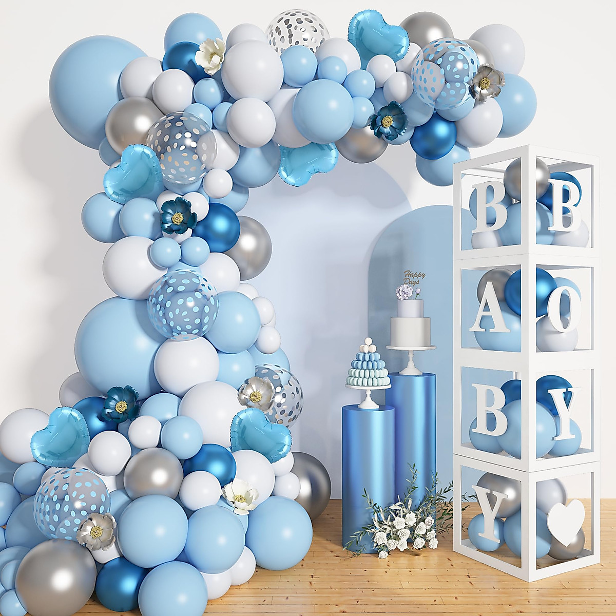 Amandir 137pcs Baby Blue Balloons Baby Shower Decorations for Boy with Baby Boxes, White Blue Balloon Arch Kit Baby Boxes with Letter (A-Z+Baby+Boy) for Boy 1st Birthday Gender Reveal Party Supplies