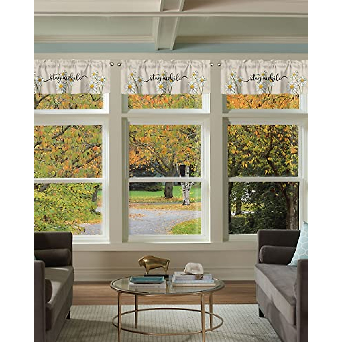 Homechoid Farmhouse Flower Curtain Valance for Windows/Living Room/Kitchen/Bathroom/Farmhouse, Gold White Daisy Floral Watercolor Short Rod Pocket Tier Curtain Window Treatment 1 Panel 54x18