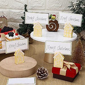 Fullhawl 24 Pcs Christmas Gingerbread House Place Card Holders with 35 Pcs Name Cards Ginger Yellow Wooden Rustic Christmas Wooden Christmas Decoration for Christmas Dinner Table Xmas Party Favors