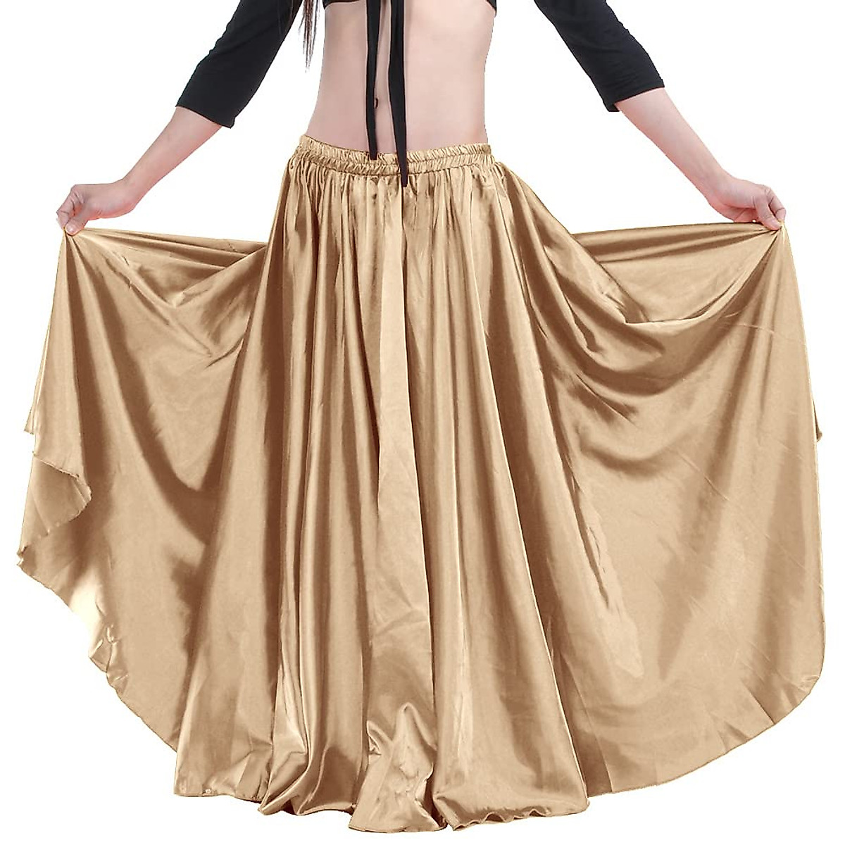 VNOEVW Womens 38" Satin Full Shiny Long Dance Skirt for Latin Halloween Belly Dance Church Performance (Dark Gold)