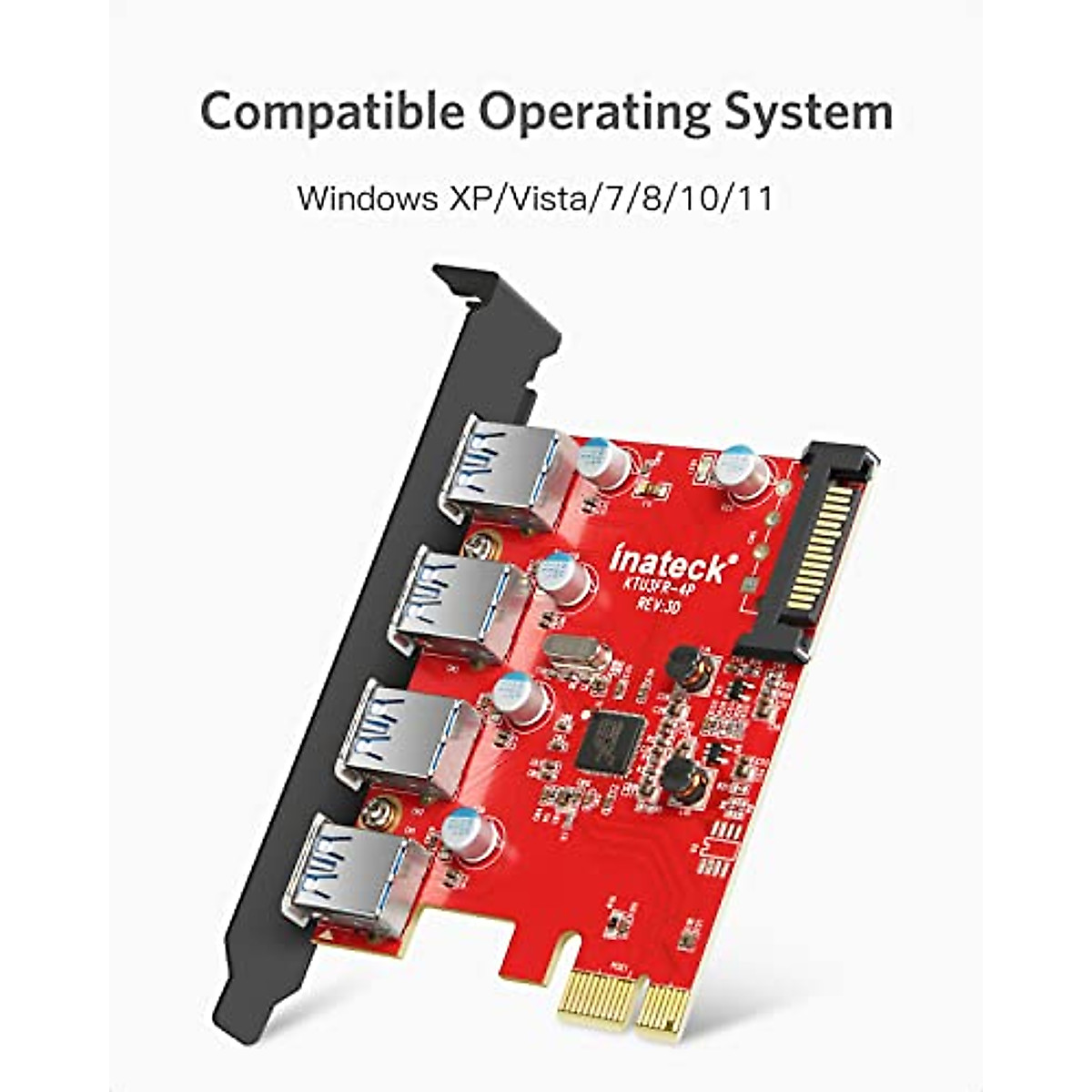 Inateck PCI-e to USB 3.0 (4 Ports) PCI Express Card and 15-Pin Power Connector, Red