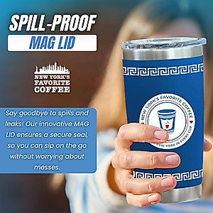 New York's Favorite Coffee New York Greek Anthora Style 20oz Blue Coffee Tumbler with Mag Lid - Logo - Spill-Proof Travel Mug with Clear Mag Lid
