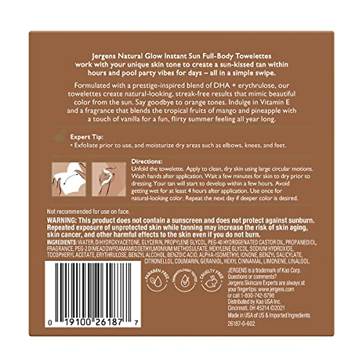 Jergens Natural Glow Instant Sun Sunless Tanning Towelettes, Single-Use Self Tanner Wipes for Flawless, Natural-Looking Color, 6 Count