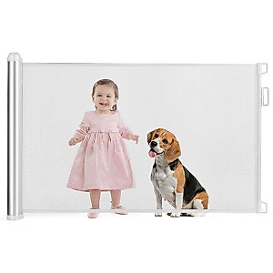 Costzon Baby Mesh Retractable Gates, Extra Wide Flexible Extension Safety Gate/Pet Dog Gate for Stairs/Doors/Hallways, Waterproof Rustproof Aluminum Pets Gate (White)