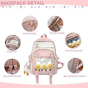 Kawaii Girls Backpack with Pins and Accessories Cute Kids Aesthetic Backpack Teen Bookbags Casual School Bag with Plush Pendant