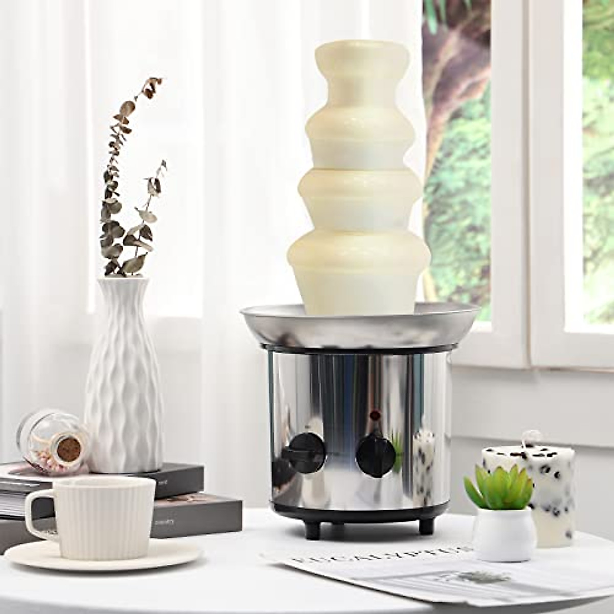 HEMOTON 4 Tiers Chocolate Fountain Stainless Steel Chocolate Fondue Fountain, 2-Pound Capacity, Easy to Assemble, Perfect for Nacho Cheese, BBQ Sauce, Ranch, Liqueurs