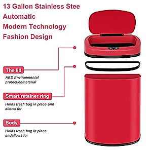 13 Gallon 50 Liter kitchen Trash Can with Touch-Free & Motion Sensor, Automatic Stainless-Steel Garbage Can, Anti-fingerprint Mute Designed Trash Bin Touchless Trash Can for Office Bedroom, Red