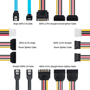 findTop Set of 6, SATA Power Splitter Cord and SATA III Cable 6.0 Gbps, Straight and 90 Degree SATA 3.0 Cable, SATA 15 Pin Male to 2xSATA 15 Pin Power Splitter Cable