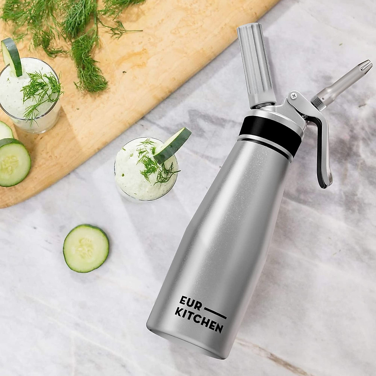 EurKitchen Professional Aluminum Whipped Cream Dispenser - Leak-Free Whip Cream Maker Canister with 3 Decorating Nozzles & Cleaning Brush - 1-Pint / 500 mL Cream Whipper - N2O Chargers (Not Included)