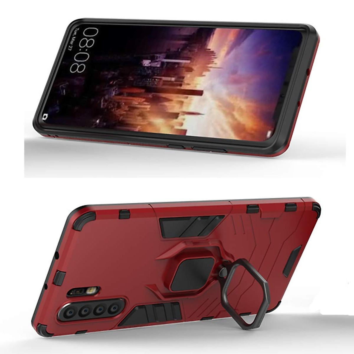 Phone Case for Huawei P30 Pro with Tempered Glass Screen Protector Cover and Magnetic Ring Holder Stand Kickstand Slim Hard Cell Accessories Huwai Hawaii Hwauei Haweii P 30 30pro Men Women Cases Red