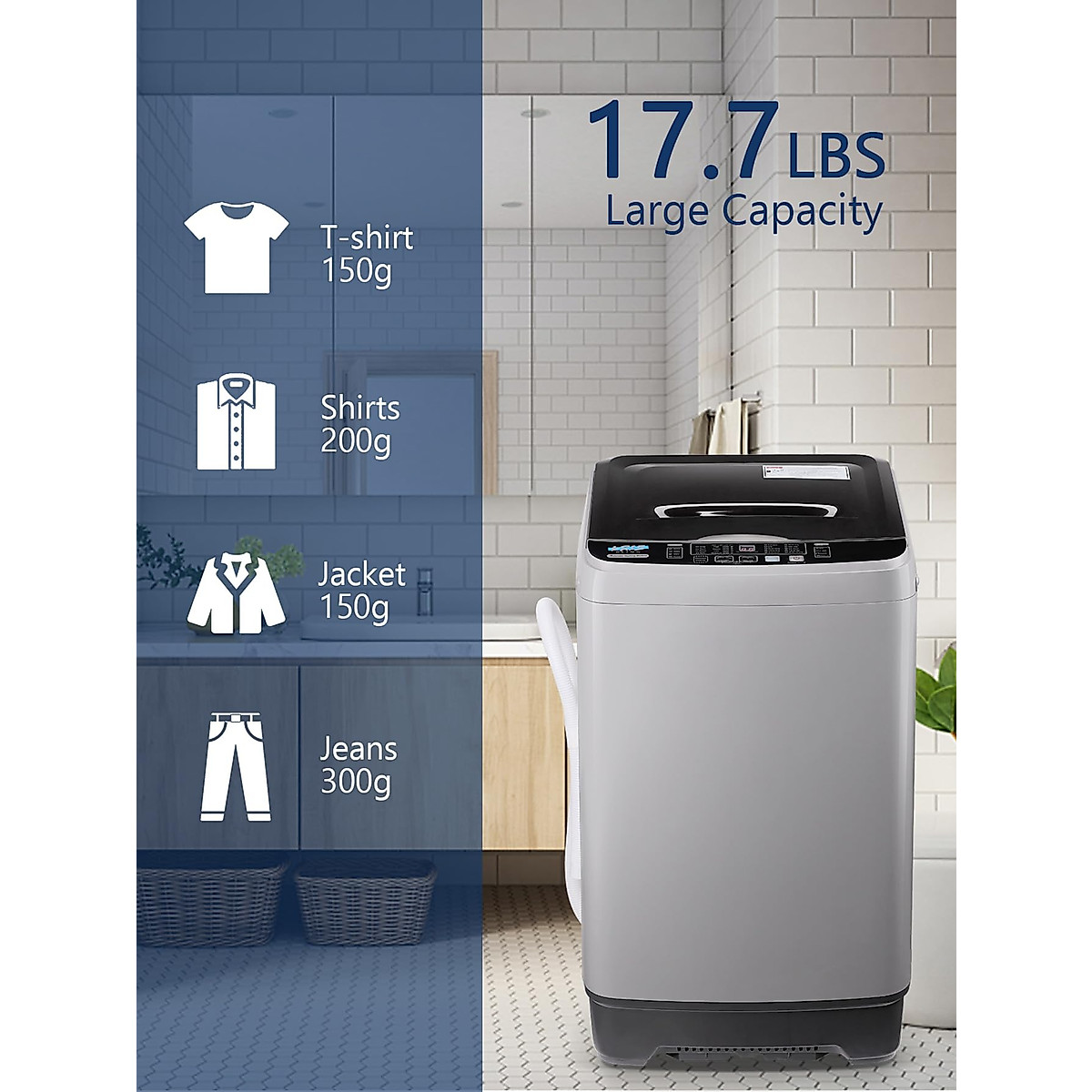 KRIB BLING Full-Automatic Washing Machine with LED Display, 17.7 lbs Portable Compact Laundry Washer with Drain Pump, 10 Wash Programs 8 Water Levels, Grey, XQB201A-GREY 177